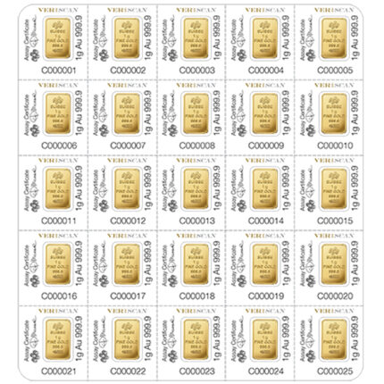 25x 1gr PAMP ﻿Gold Bar Multicard - Royal Bull